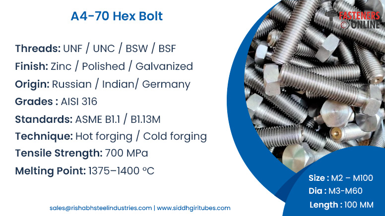 A4-70 stainless steel hex bolts: SS grade A4-70 flat head hex bolts