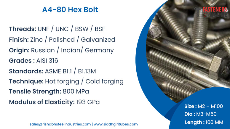 A4 80 stainless steel hex bolts: SS grade A4-80 tapered hex bolt