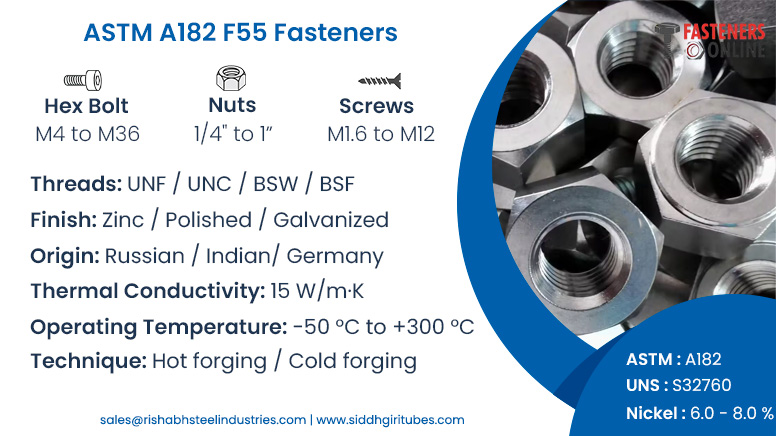 ASTM A182 Grade F55 Fasteners: Super Duplex Gr. F55 Bolts, Studs