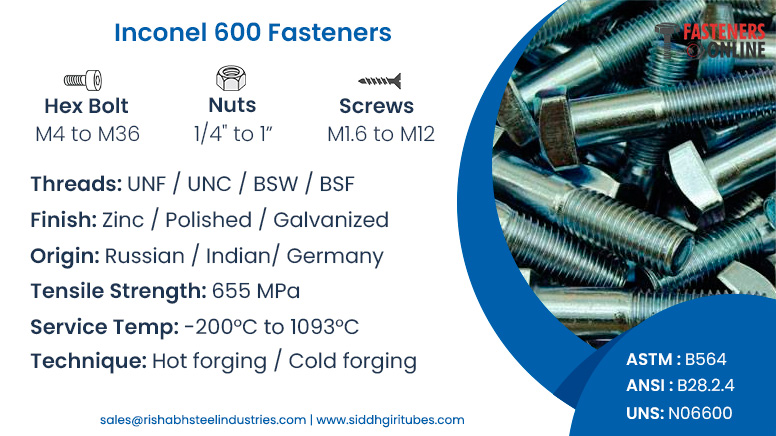 Inconel 600 Fasteners | Alloy 600 Bolts | UNS N06600 Nuts