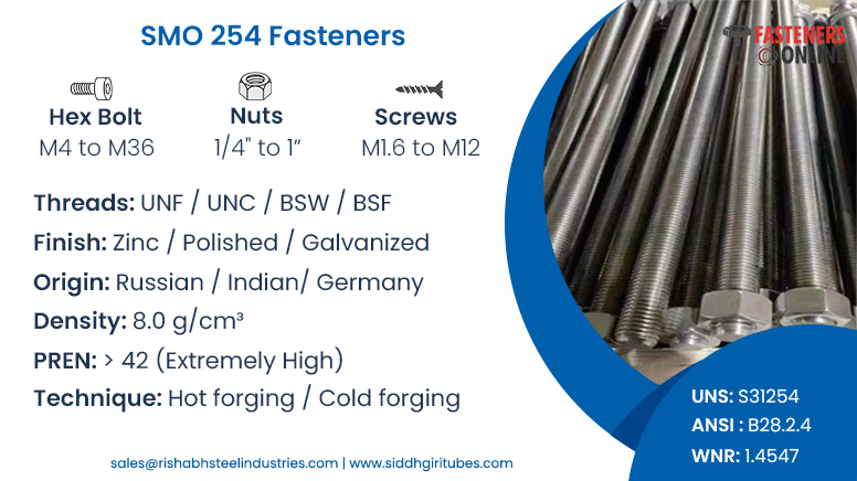 SMO 254 Fasteners, astm b479 bolts, UNS S31254 hex nuts supplier